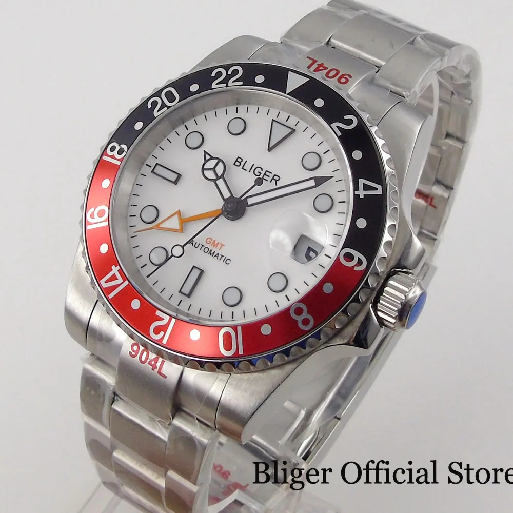 BLIGER GMT 24 Hours 40mm Men Watch Automatic Wristwatch Pyster Strap ...