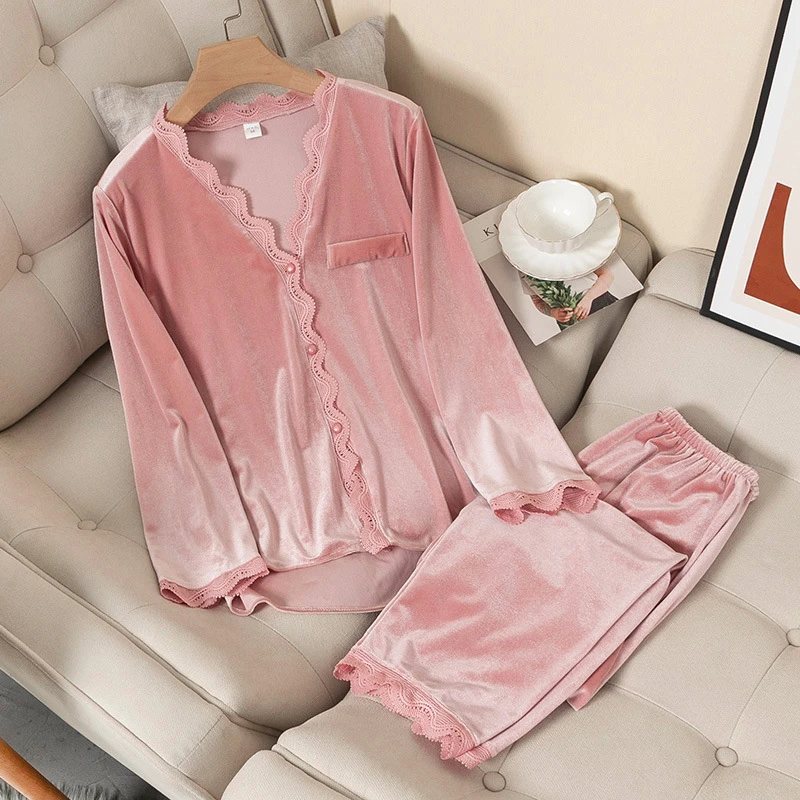 Velvet Pajamas Women Autumn Winter Sleepwear Long Sleeve Casual ...