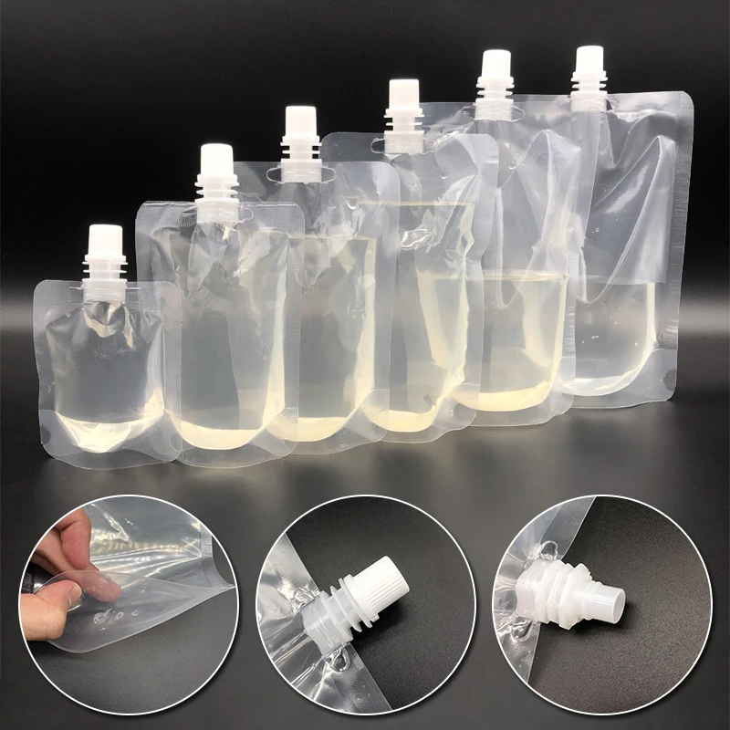 10pcs-100-500ml-Plastic-Stand-Up-Drink-Bag-Transparent-Nozzle-Bag ...