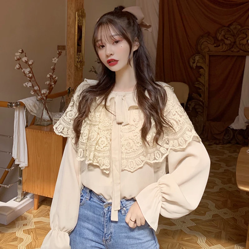 2020 Spring Fall Women Blouse Ruffled Collar White Apricot Chiffon ...