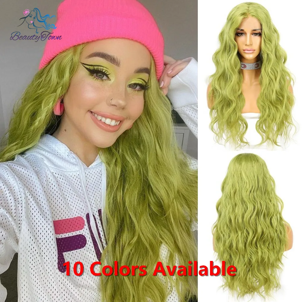 BeautyTown Long Wavy Lace Front Wig for Women Green Blue Beige Yellow ...