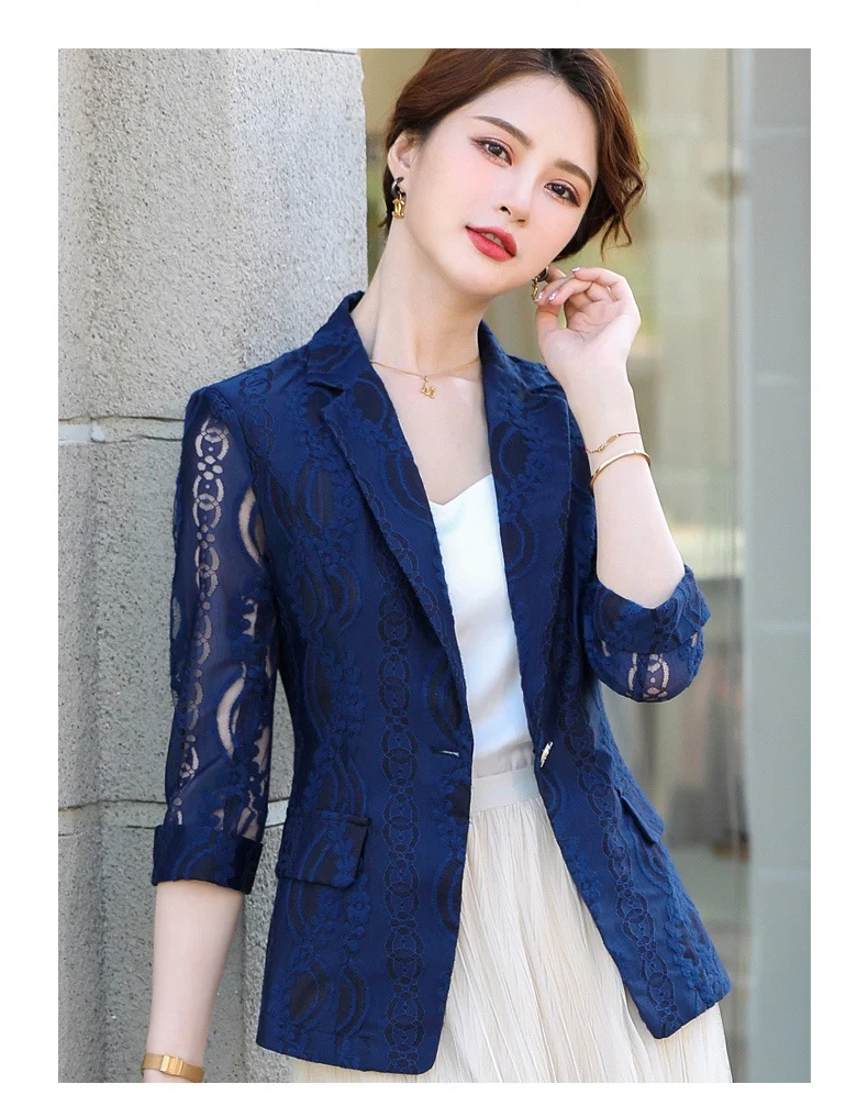 Manteau,Veste en dentelle élégante pour femme, Blazer à manches mi-longues, style OL, hauts d ...
