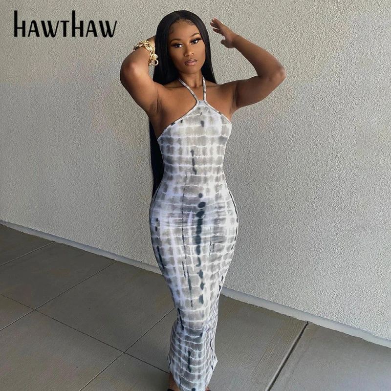Hawthaw Women Summer Fashion Sleeveless Halter Printed Bodycon Pencil ...