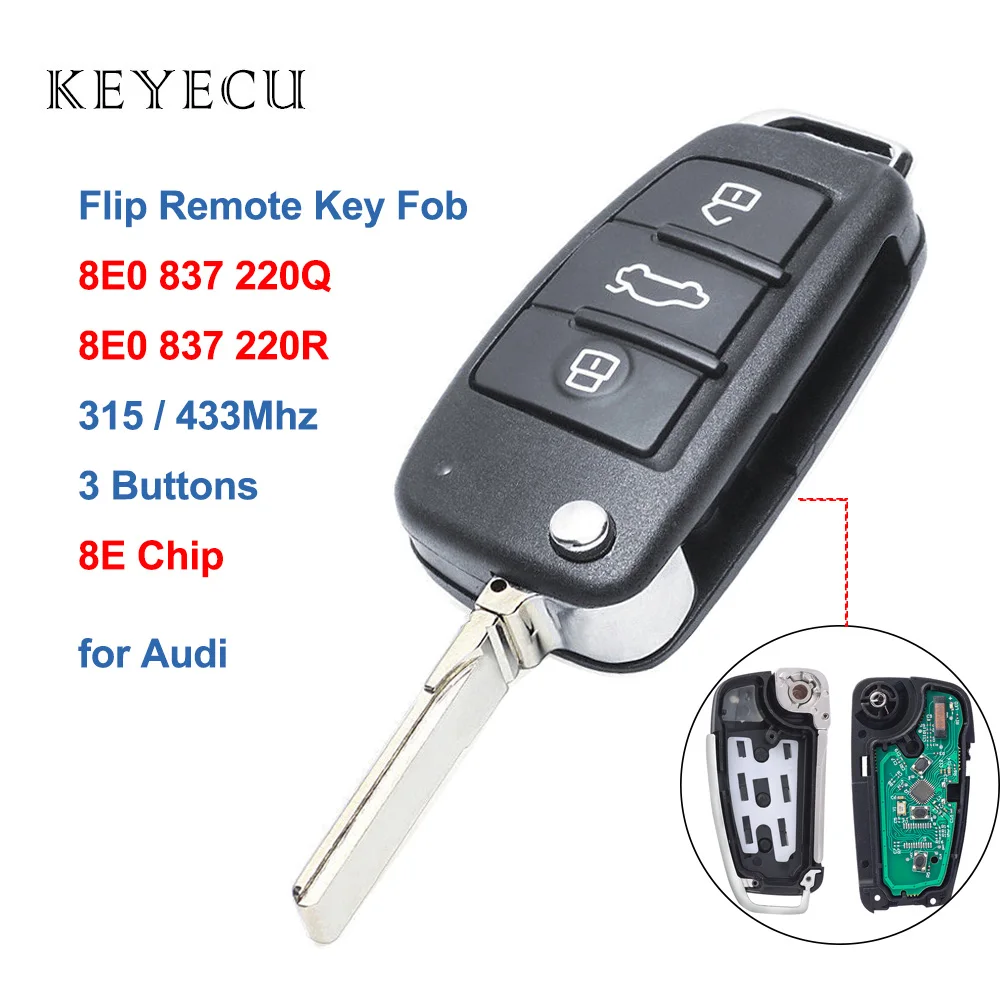 8E Chip 8E0 837 220 Q R 220Q 220R Flip Remote Car Key Fob 3 Buttons 315 ...