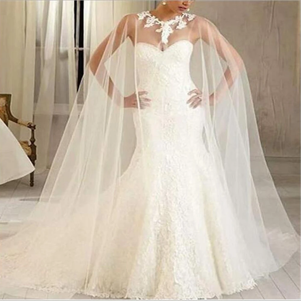Appliques Bridal Cape Cloak Long Tulle Floor Length Wedding Jacket ...