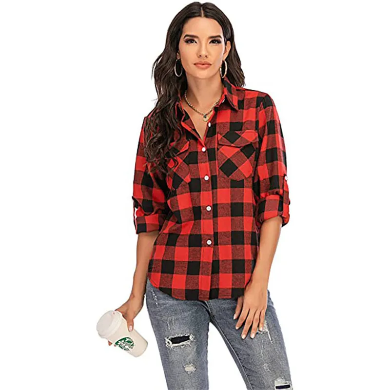 2022 New Casual Women Buffalo Plaid Shirts Long Sleeve Button Down ...