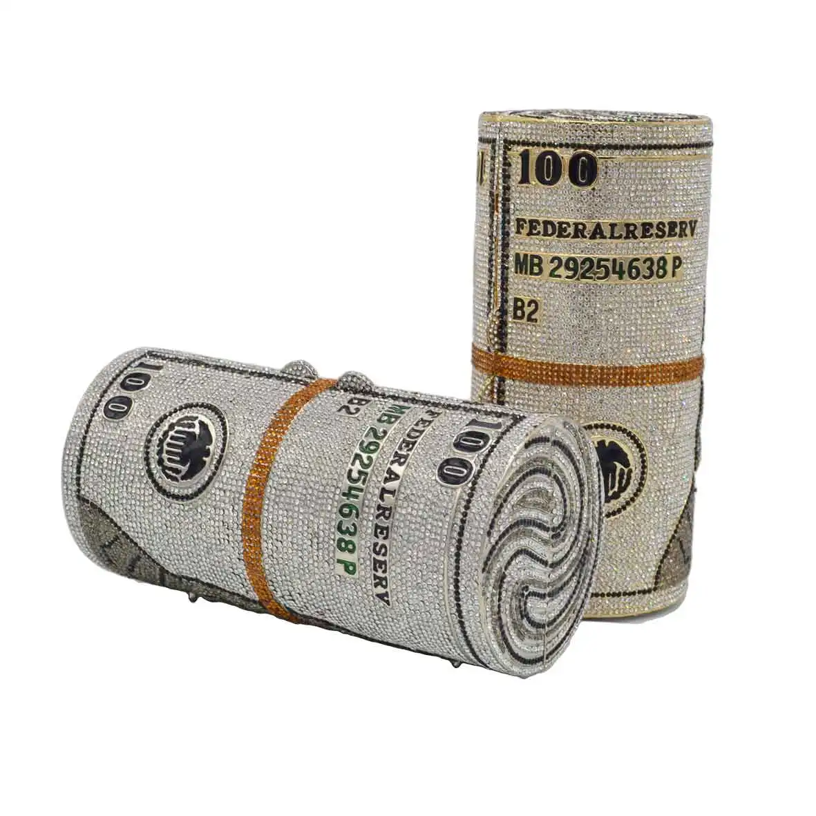 Fashion Money Cylinder designer Evening Bags Dollar Crystal Bags Silver ...