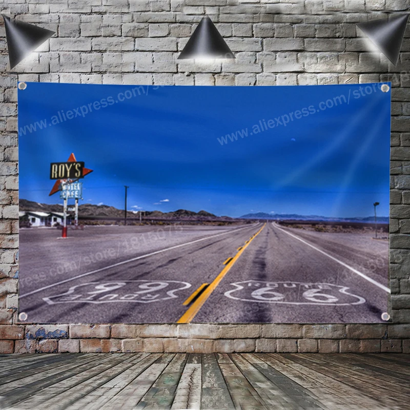 Route 66 Motorcycle Biker Rider Retro USA Flag Banner Art Home ...