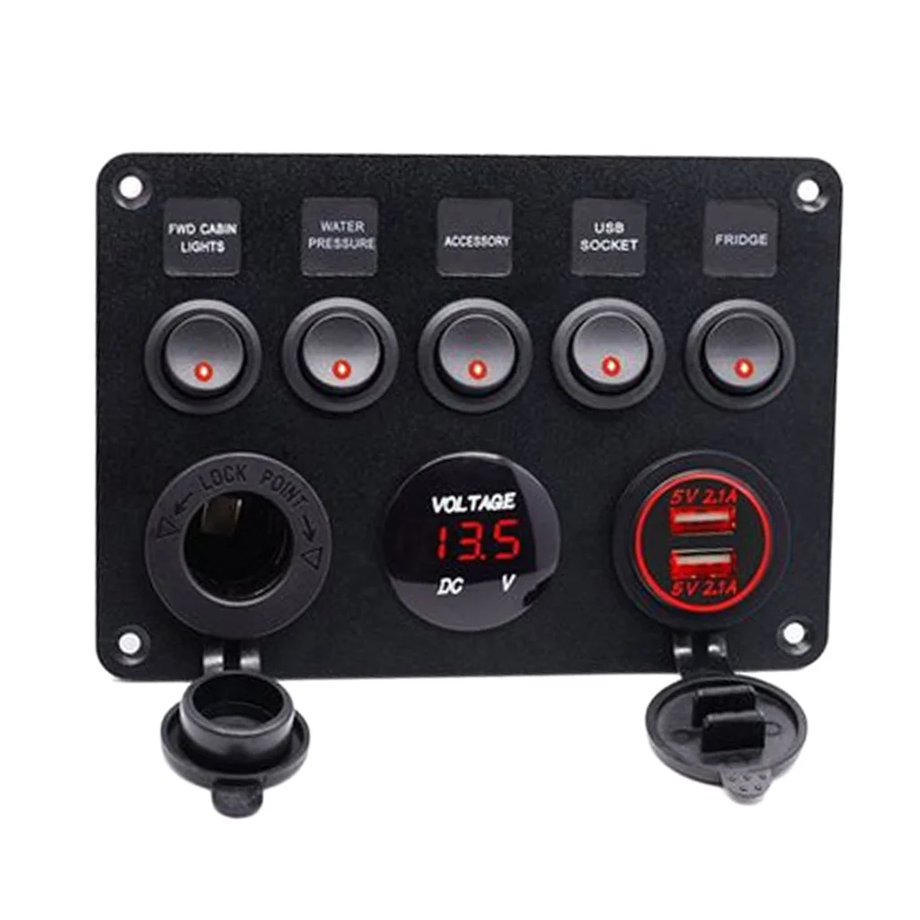 5 Gang Rocker Switch Panel W/ Digital Voltmeter+12V Power Socket ...