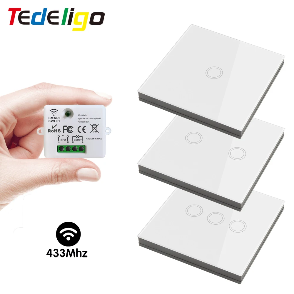 433MHz Touch Glass Panel Wall Switch Wireless Smart Switch Light Remote ...