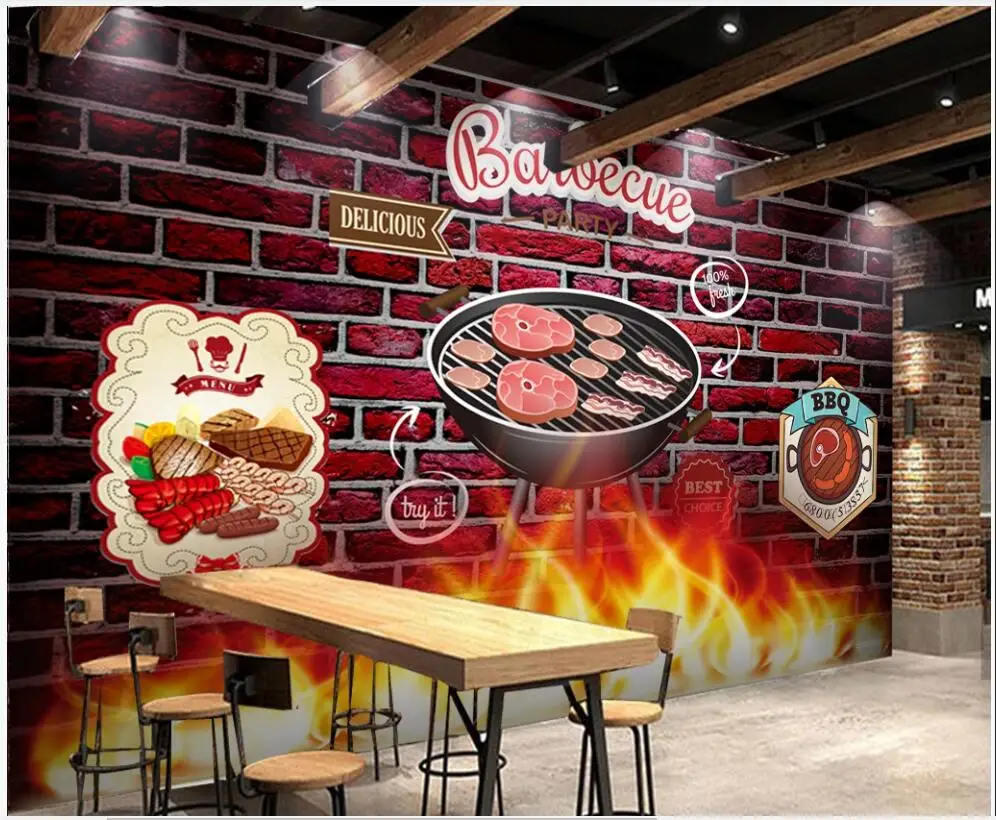 Custom mural 3d photo wallpaper Barbecue flame brick wall restaurant ...