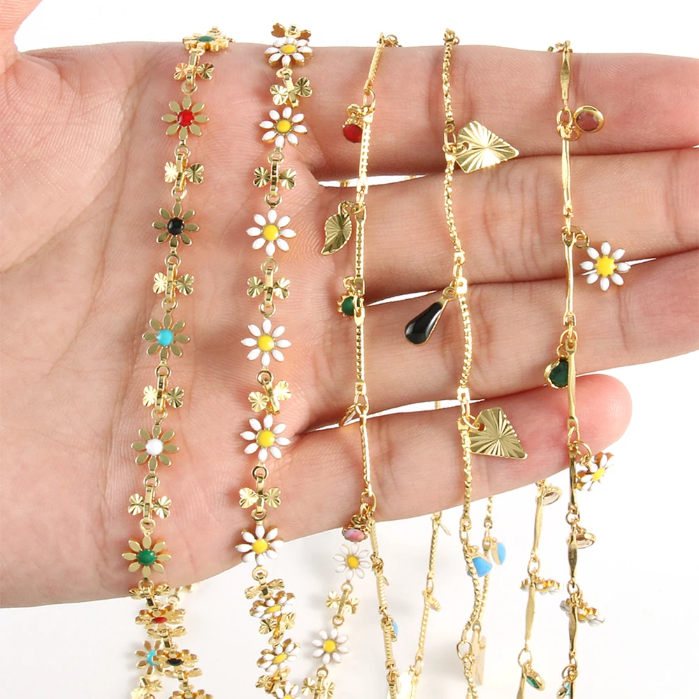 1M Stainless Steel Enamel Daisy Flower Chain Colorful Gold Chains for ...