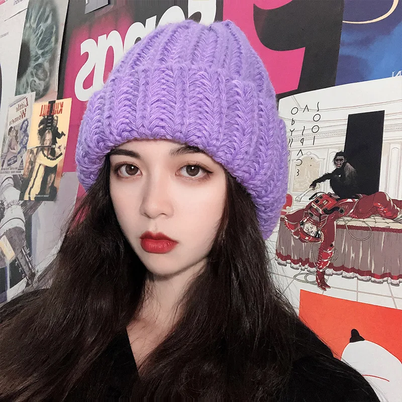 Gorro grueso de lana para mujer, gorro de punto de Color liso, a la moda, para mantener el calor ...