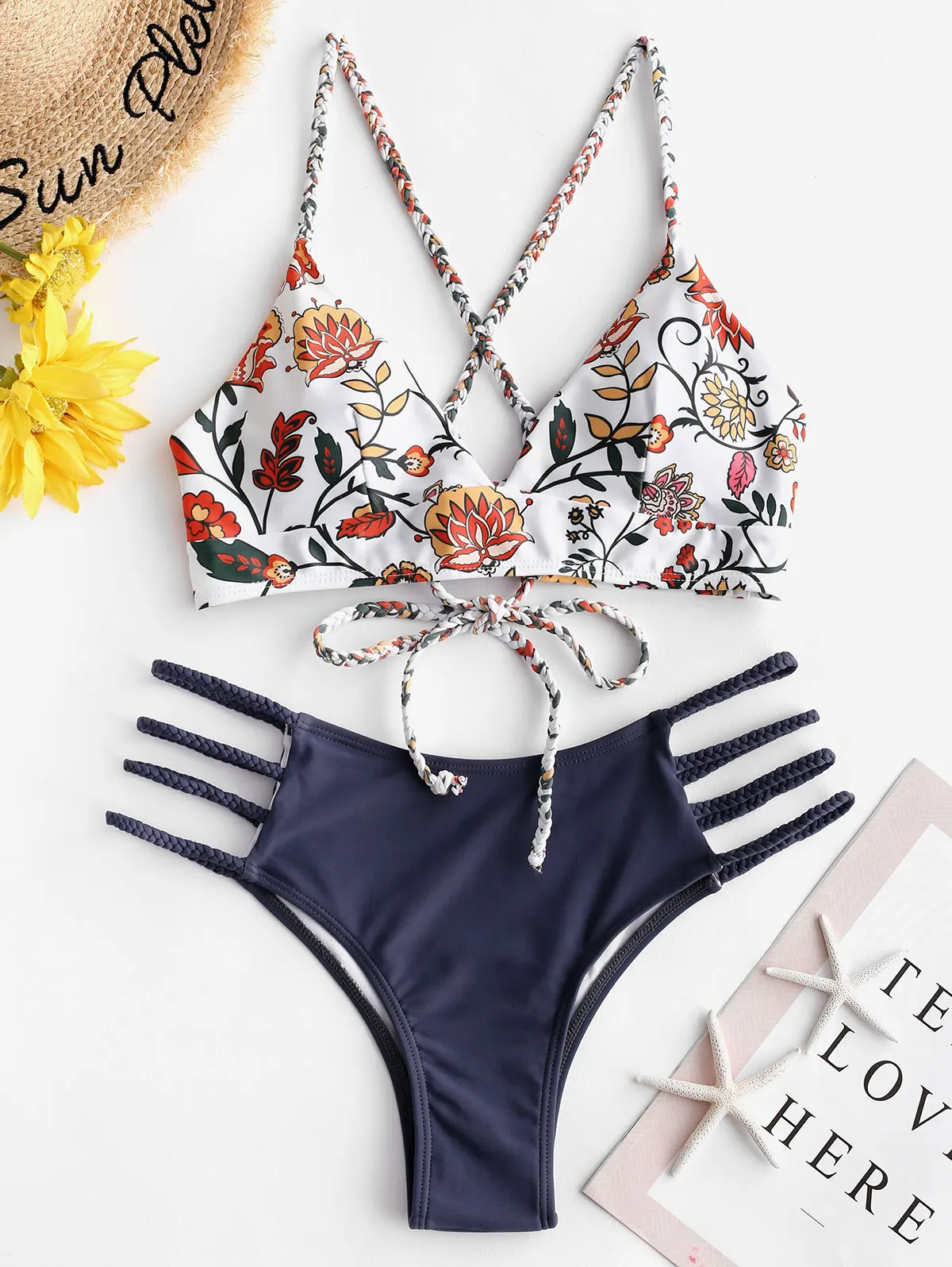 ZAFUL Bikini Flower Braided Lace Up Sexy Bikini Set Spaghetti Straps Wire Free Swim Suit Women ...