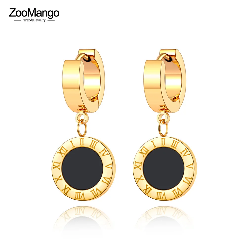 ZooMango Black Shell Roman Numerals Circle Hoop Earrings Titanium Steel ...