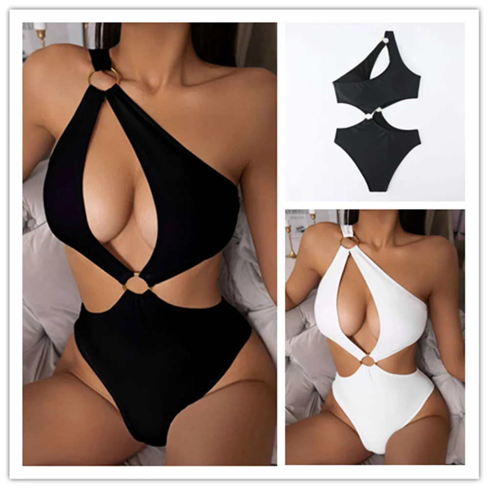 Bañador brasileño de una pieza para mujer, traje de baño en blanco y negro, bañador con anillo ...
