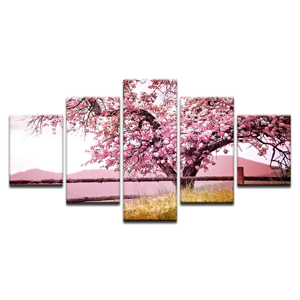 Art Posters Prints Painting Pink Tree Landscape Modular Canvas HD Wall ...