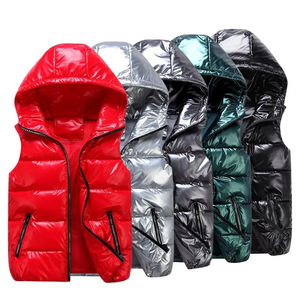 Women's Winter Sleeveless Solid Color Hooded Bread Jacket Shiny Warm ...