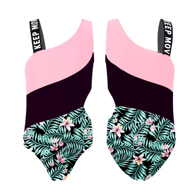 Girls One-piece Swimming Suit Asymmetrical Shoulder Hollow Out Bodysuit ...