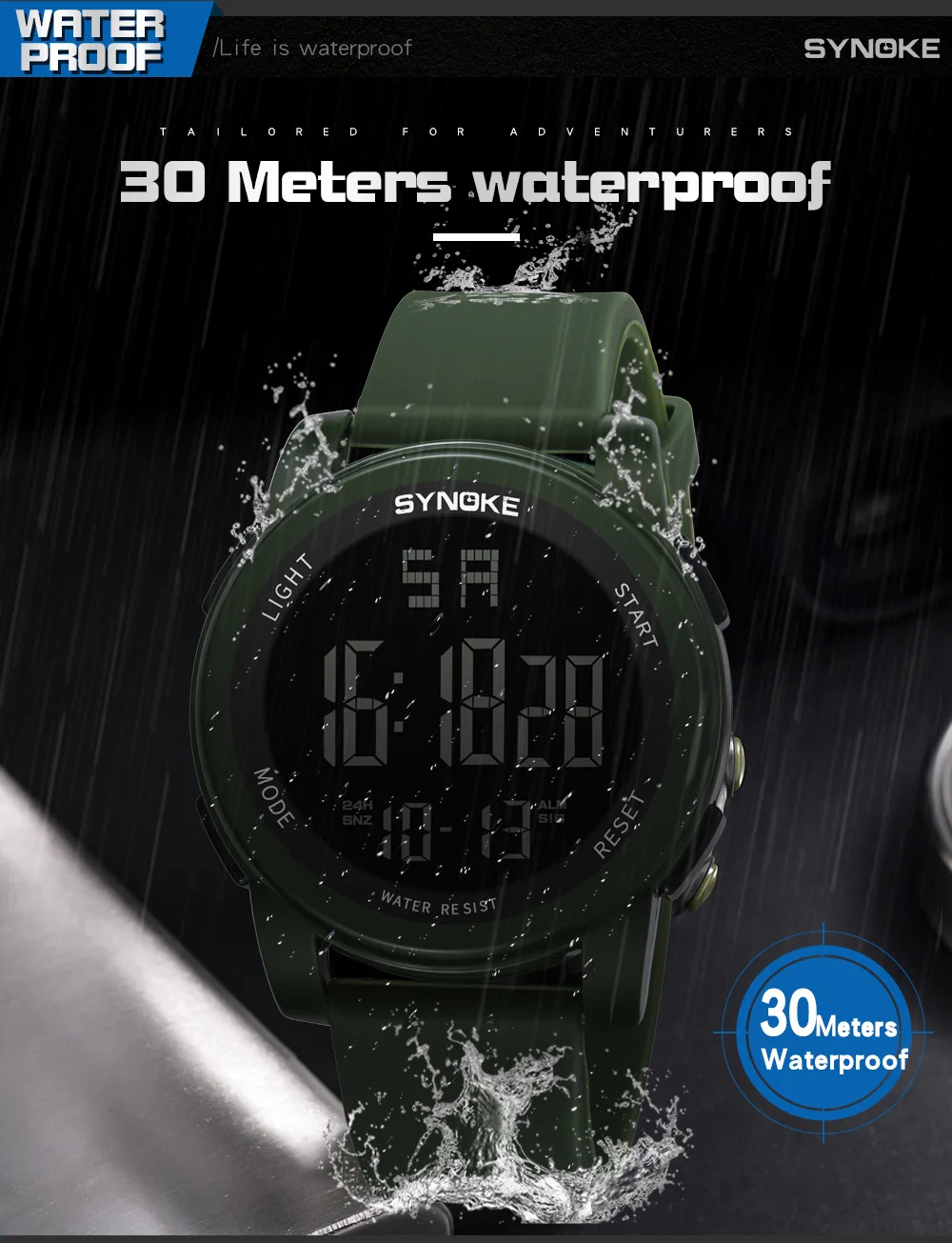 SYNOKE цифровые часы для мужчин светодиодный водонепроницаемый цифровой ...