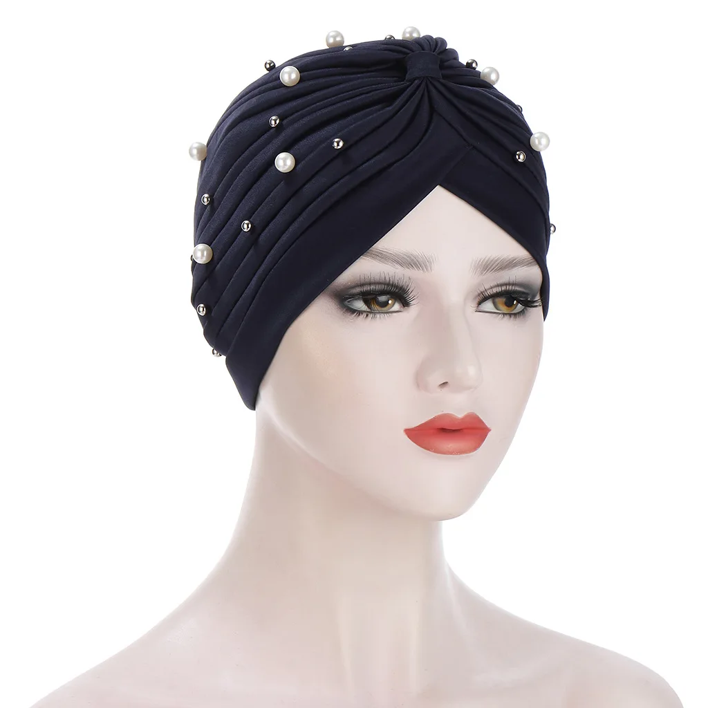Muslim Women Fashion Elastic Velvet Pearls Turban Caps Musulman Femme ...