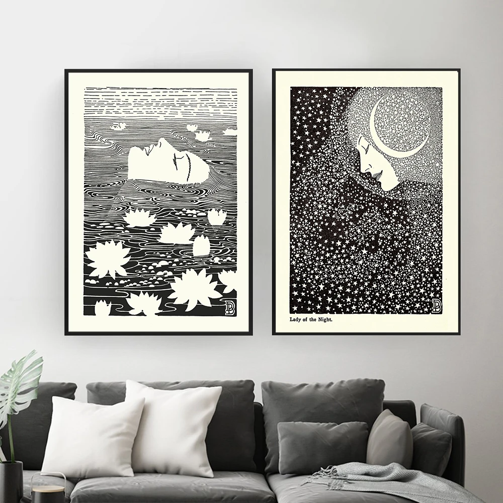 Celestial-Astrology-Art-Nouveau-Stars-Goddess-Poster-Print-Black-and ...