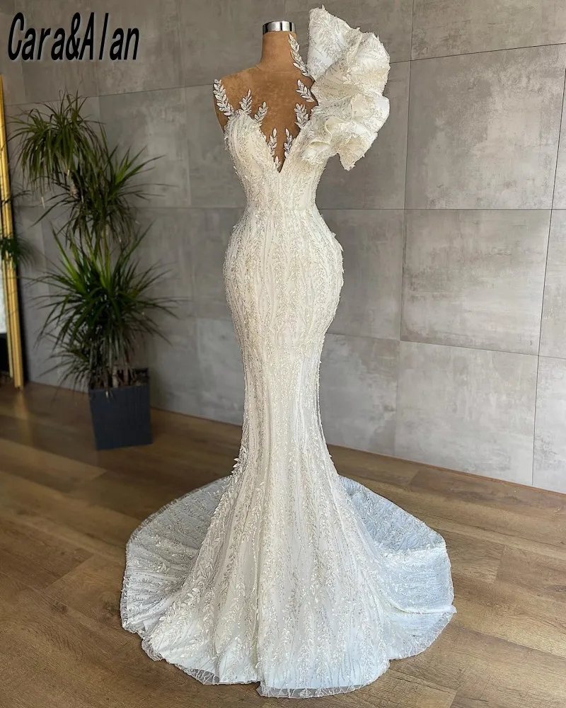 Robe De Mariée Sirène En Dentelle Et Perles, De Luxe, À Col Transparent, Avec Traîne - Robes De ...