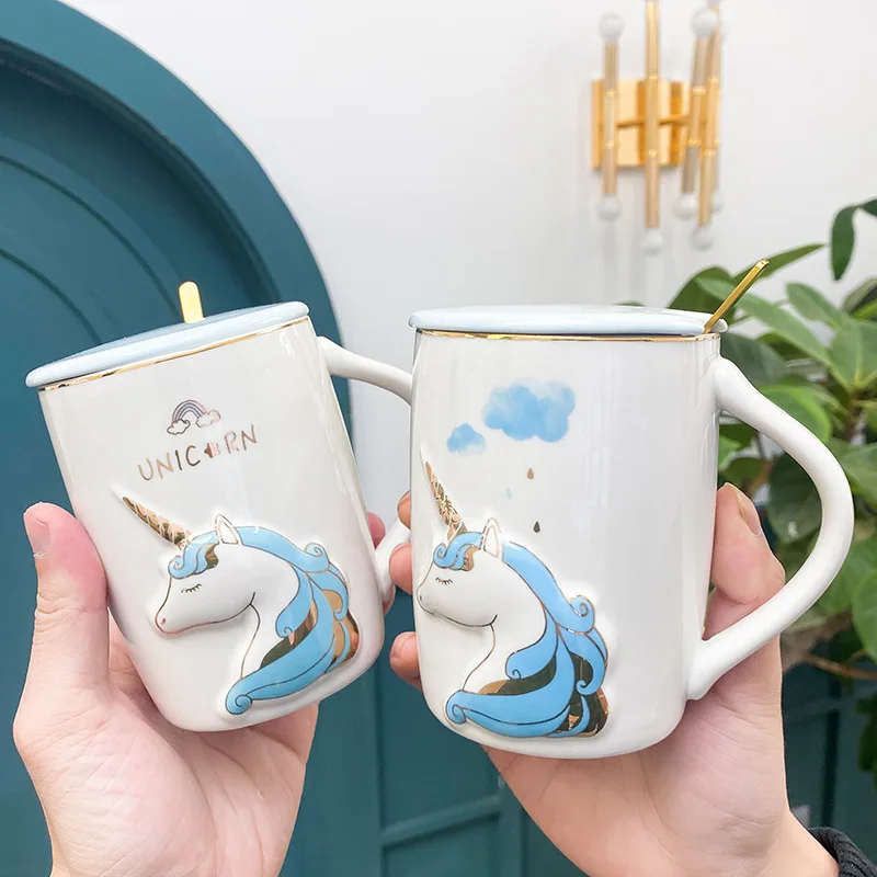 Creative Blue / Pink Unicorn Ceramic Mug Cute Cartoon Embossed Coffee ...