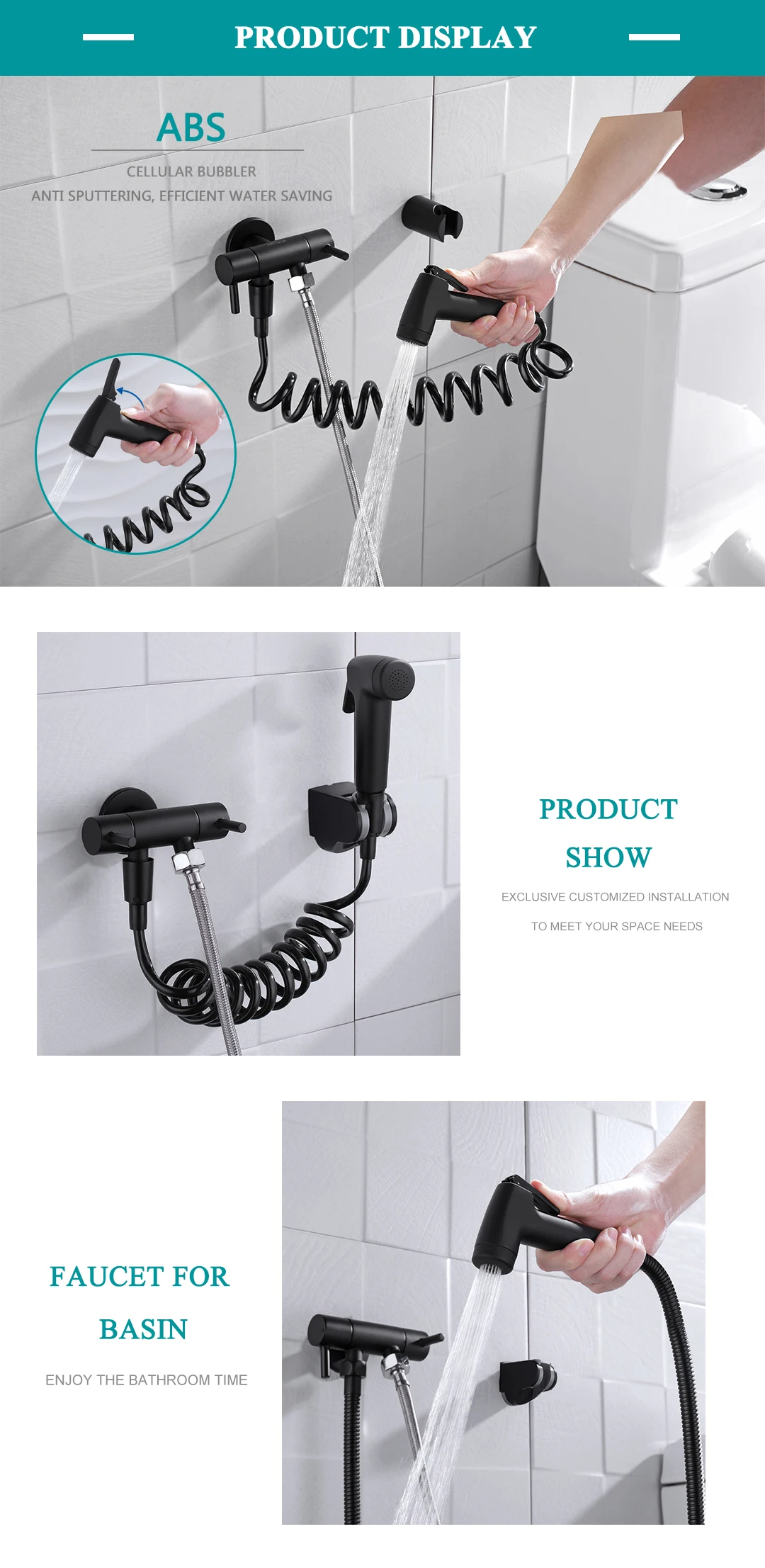 Bidet,Pulvérisateur mural noir mat ABS-acier inoxydable-laiton Shattaff ...