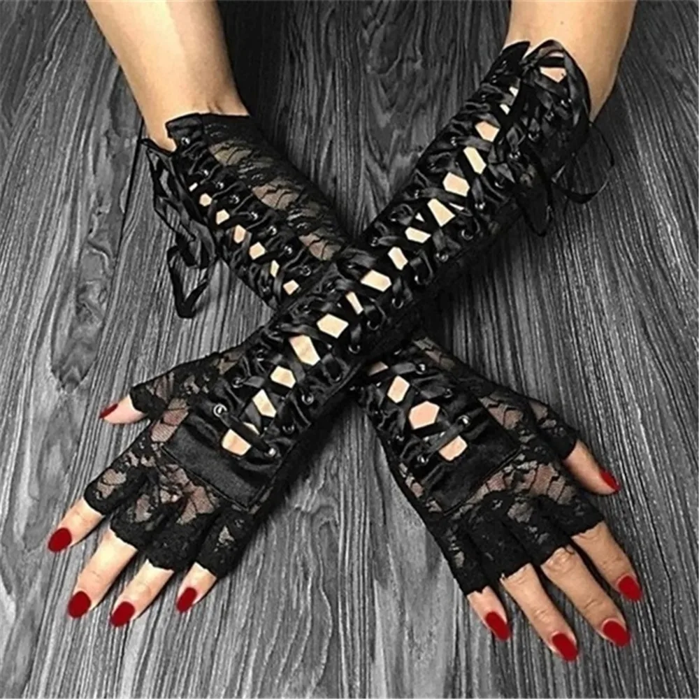 1 pair of halloween vintage lace long gloves women punk gothic mittens ...
