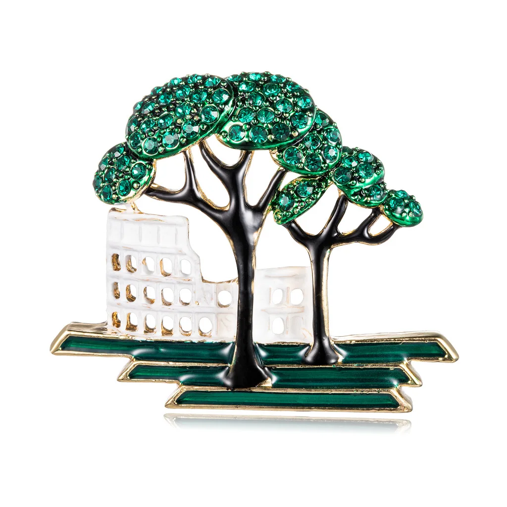 Male Vintage Building Green Leaf Tree Brooches For Men Luxury Gold ...