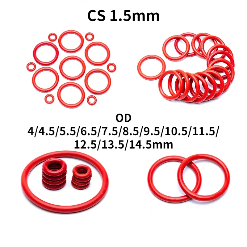 100pcs Red VMQ Silicone O Ring Gasket CS 1.5mm OD 4/4.5/5.5/6.5/7.5/8.5 ...