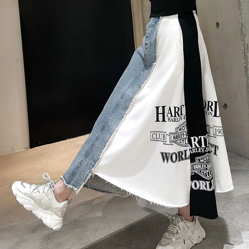 봄 가을 새로운 패션 스커트 여성 한국어 느슨한 편지 인쇄 데님 스커트 높은 허리 중간 길이 스커트스커트 Aliexpress