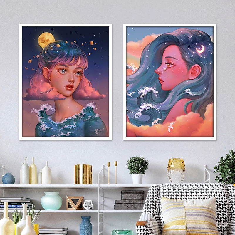 썬 문 성운 소녀 캐릭터 일러스트 포스터 애니메이션 포스터 캔버스 회화 벽 장식 포스터 벽 아트 룸 장식 그림그림 And 서예
