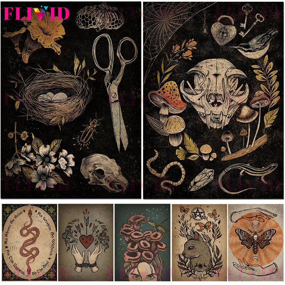 Vintage Witch European Wall Art Canvas Painting Woodland Witchcraft ...