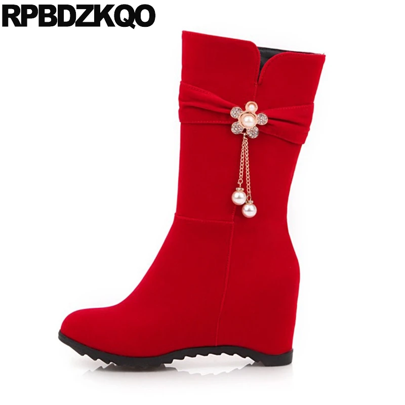 Red Shoes Fur Round Toe 10 Mid Calf Ladies 12 44 Women Boots Winter ...