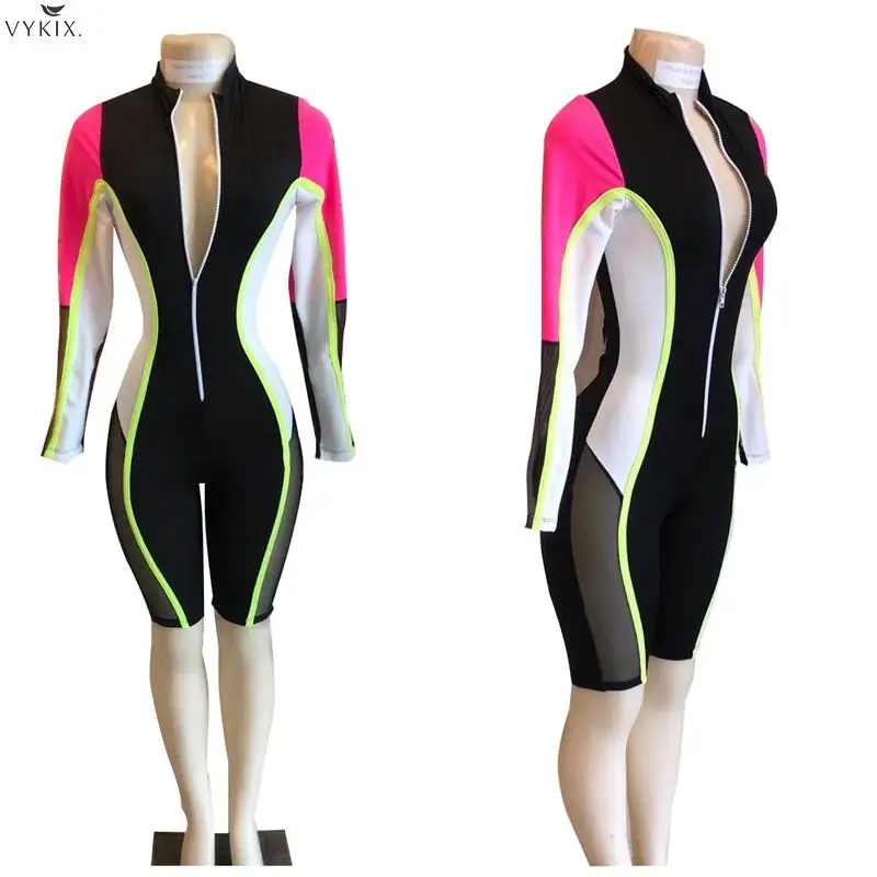 New Women Romper Color Patchwork Sheer Mesh Bandage Sexy Jumpsuit Long ...