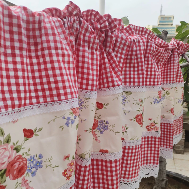New lace curtain.Red checked printed cabinet curtains.Double matching ...