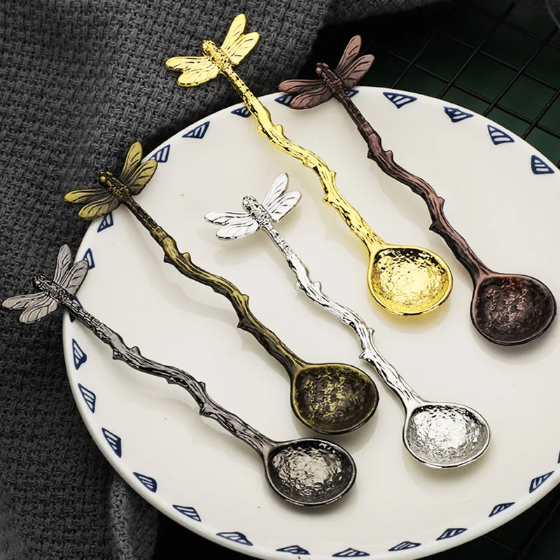 Retro-Forest-Dragonfly-Alloy-Spoon-Teaspoon-Flower-Shape-Coffee-Dessert ...