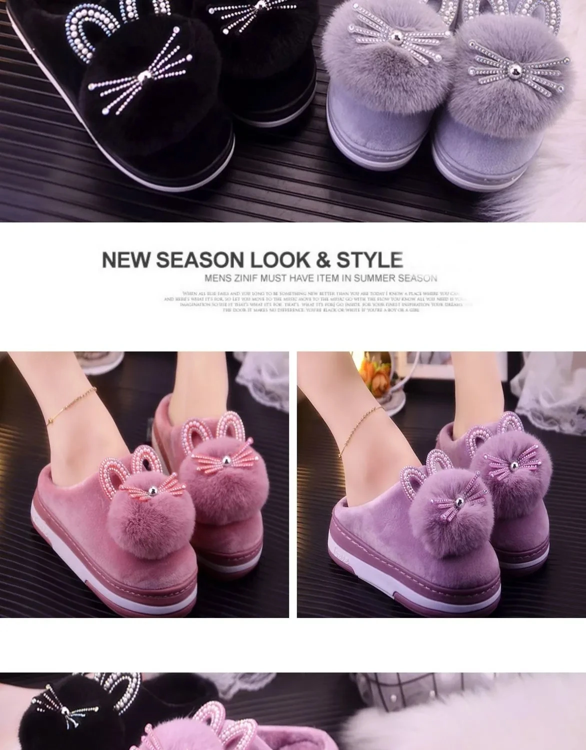 Chausson,d'hiver antidérapantes à pompon pour femme, en fourrure ...