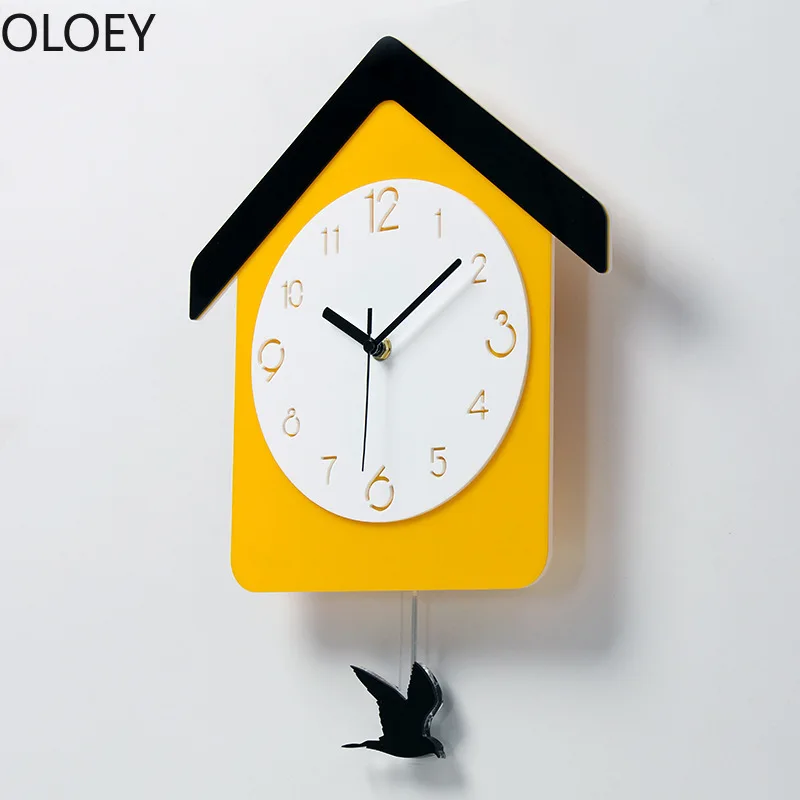Modern Design Wood Wall Clock Cuckoo Clock Pendulum Yellow Bird Living ...