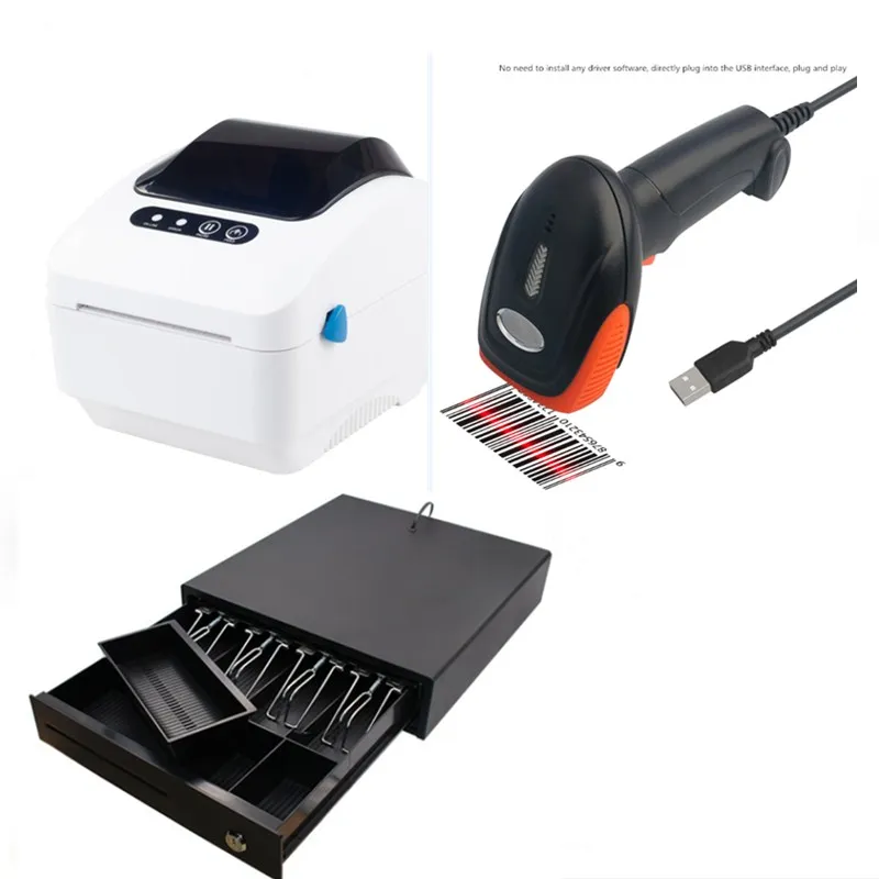 Cash drawer with touch cash register, 2D wired scanner, thermal barcode ...