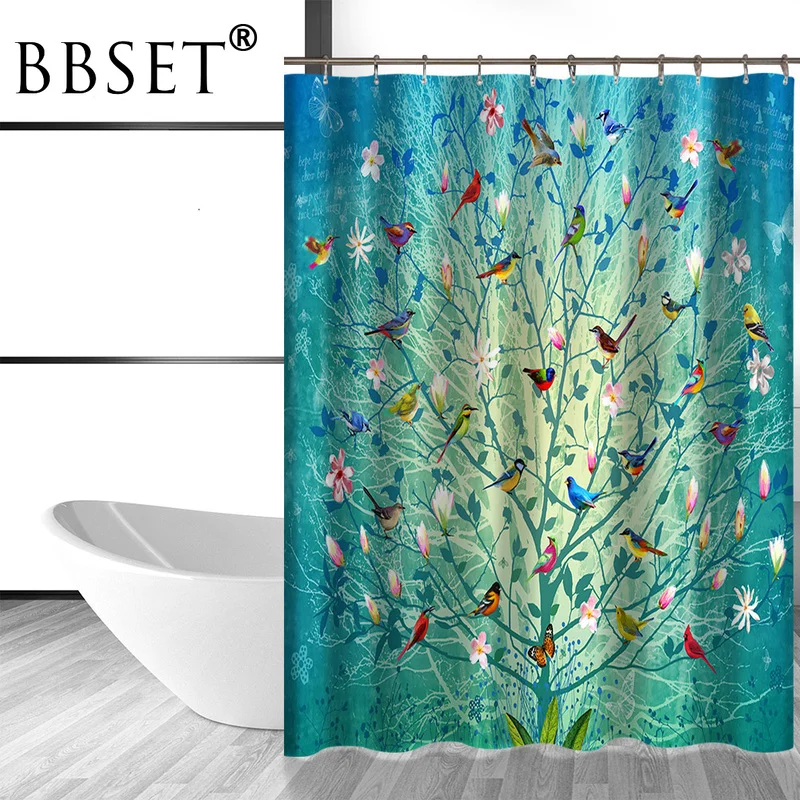 Cartoons Shower Curtain Colorful Birds And Flowers On The Tree Pattern