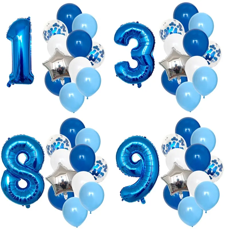 12pcs/lot Boy Birthday Balloons With 32inch Blue Number Baloon 3/3rd ...