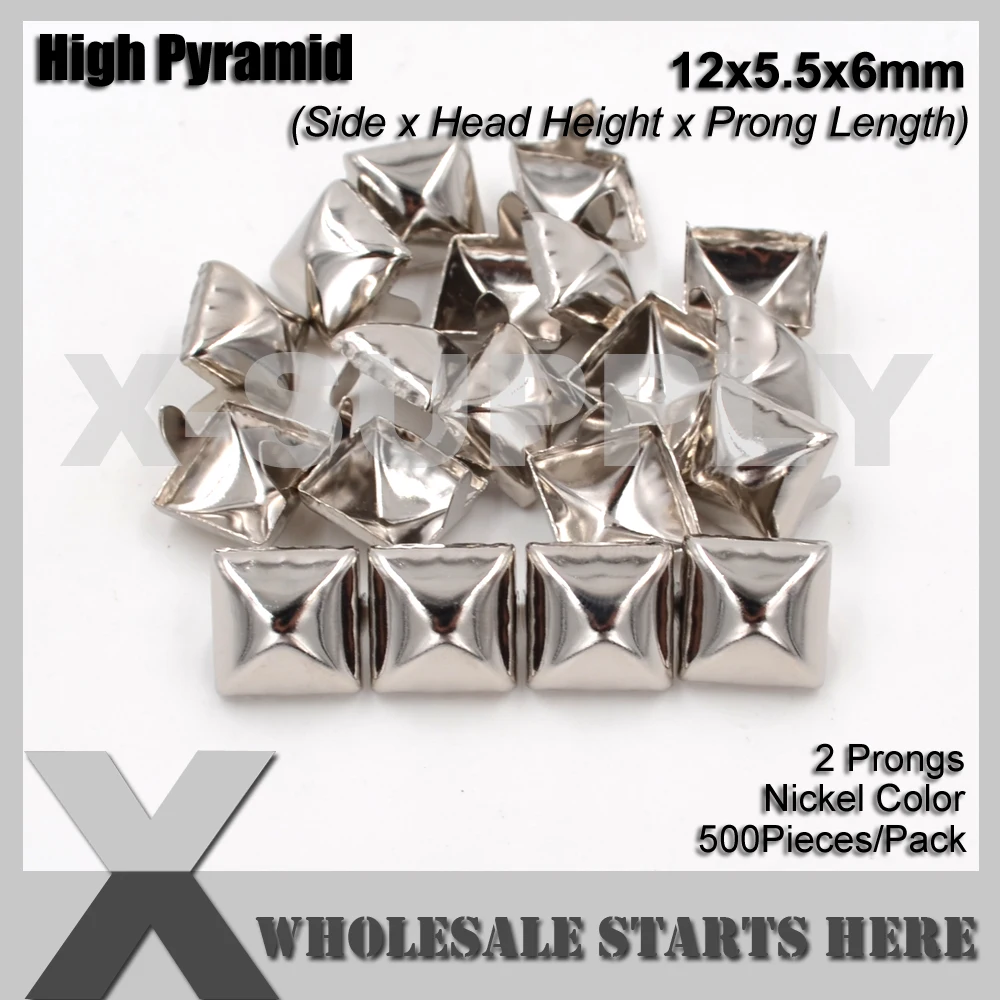 (12x5.5x6mm) Punk High Square Pyramid Stud With 2 Prongs Silver Nickel ...