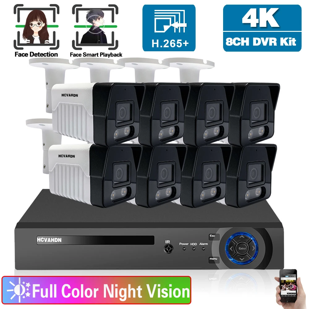 8 Channel CCTV DVR Kit 4K Full Color Night Vision AHD Security Camera System Set Outdoor ...