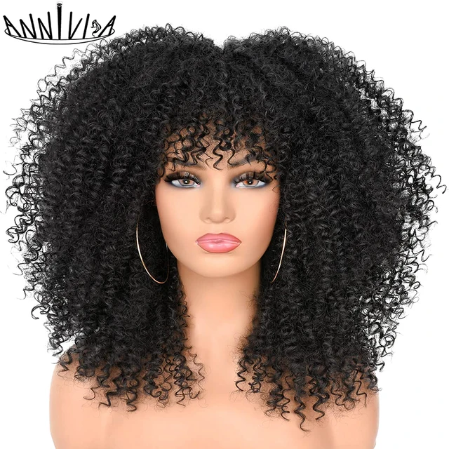 Curly Afro Wigs For Black Women Short Kinky Curly Wigs With Bangs 16inch Brown Afro Hair ...