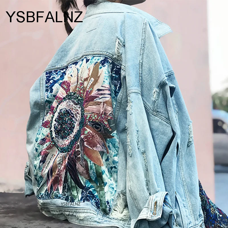 Boho Denim Jacket Sequin Floral Applique Embroidery JKP4716