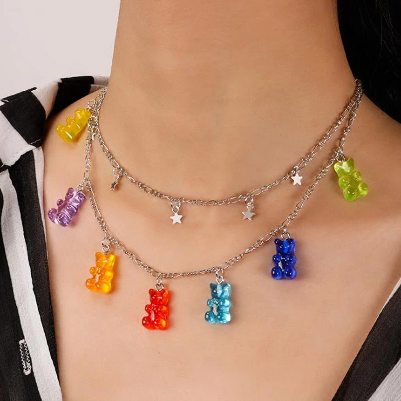 Candy Color Gummy Mini Bear Necklace For Women Christmas Gifts New Collare Star Pendants ...