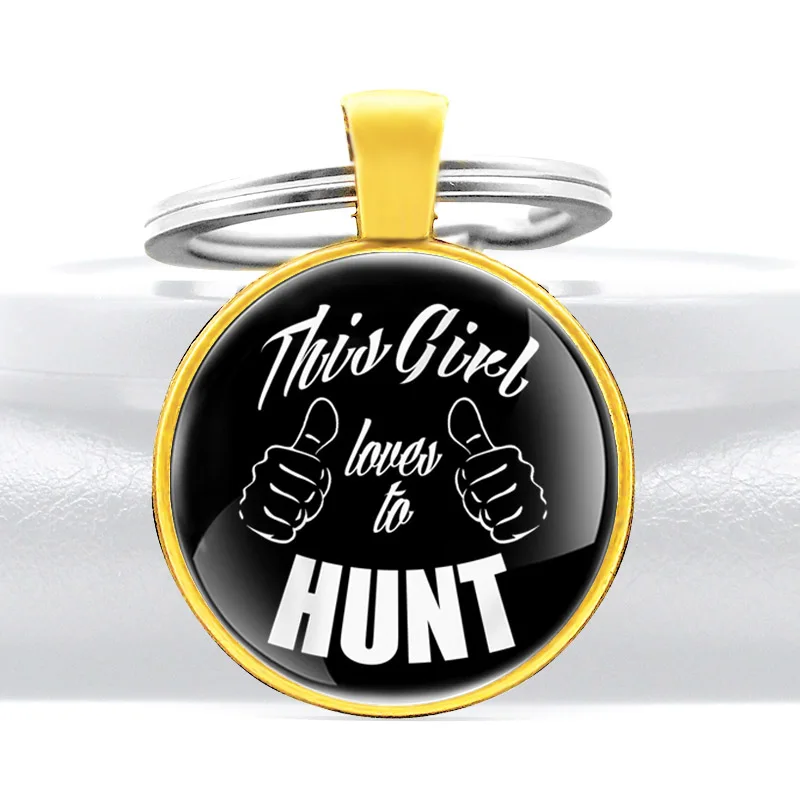 Gold Color Loved To Hunt Design Charm Glass Dome key Chains Men Women ...